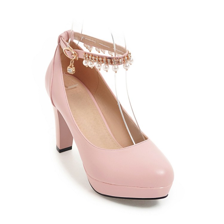 Women Pu Leather Round Toe Rhinestone Chunky Heel Platform Pumps Oa2nz ...